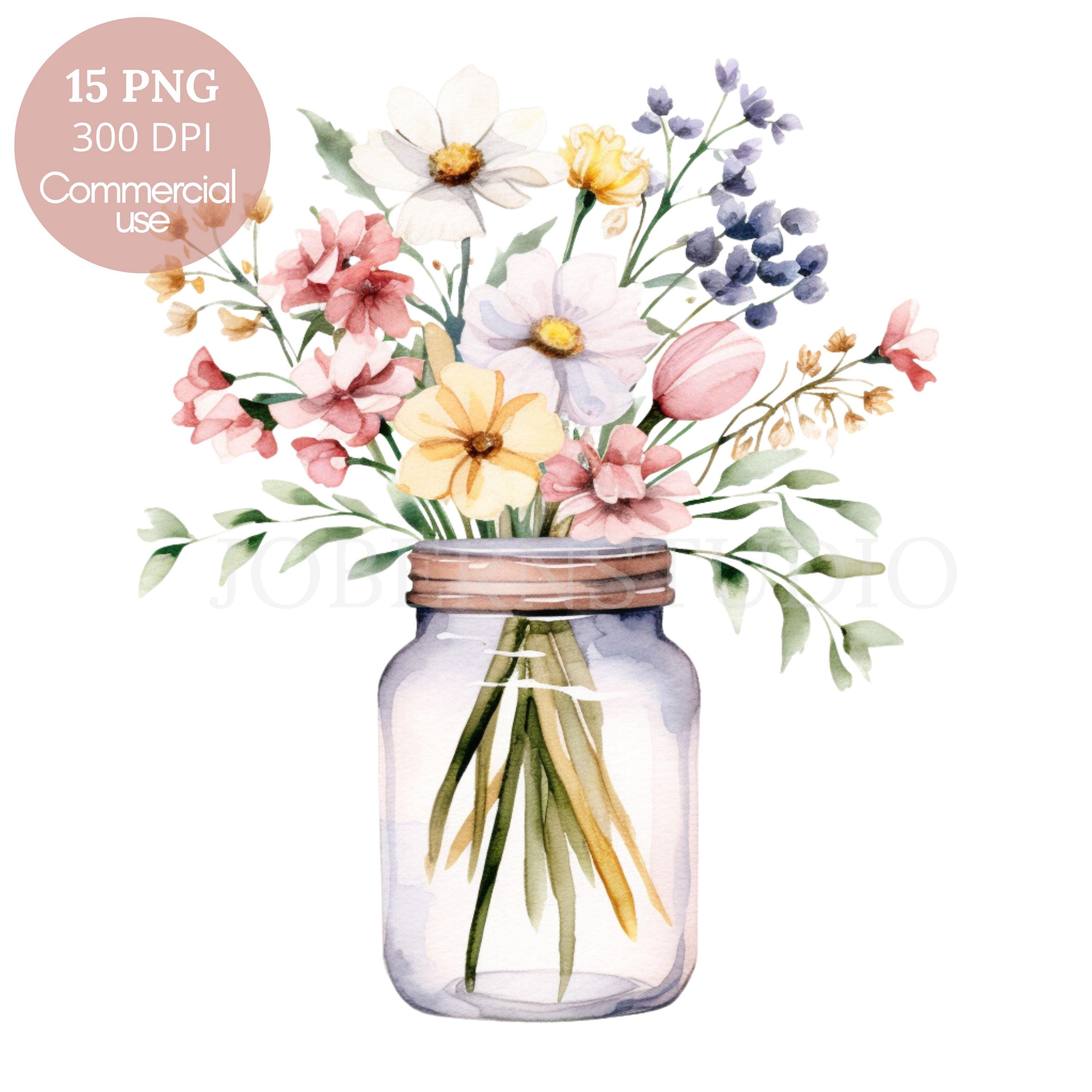 Jar of Flower Clipart Bundle 15 High Quality PNG, Watercolor Rustic ...