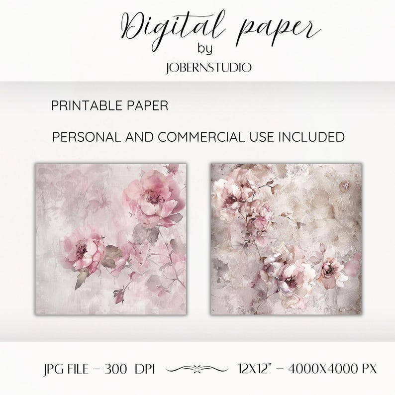 Pink Roses Flower Digital Paper Pack-13 Vintage Scrapbook Junk Journal ...