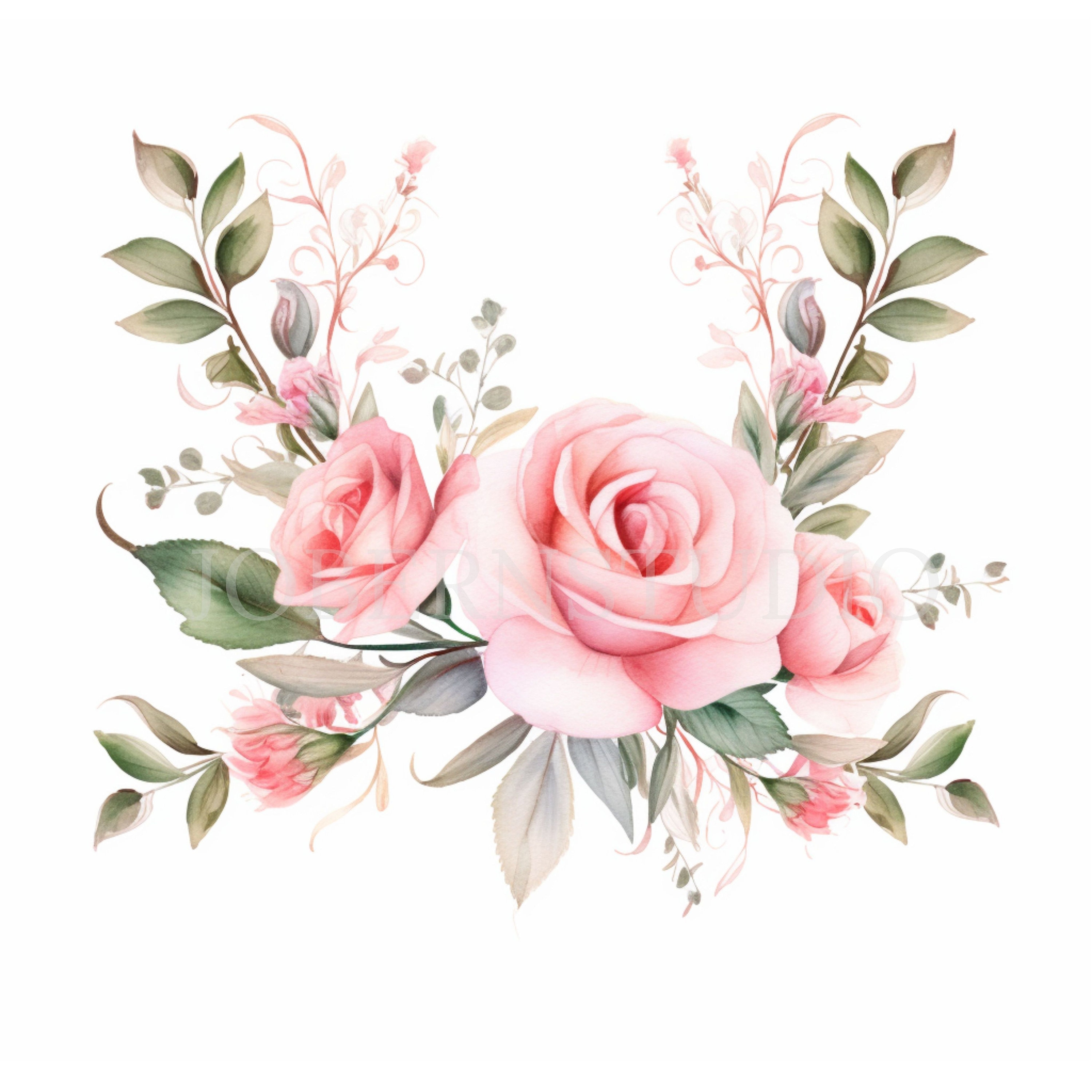 Pink Rose Branch Garland Clipart Bundle 10 High Quality PNG, Watercolor ...