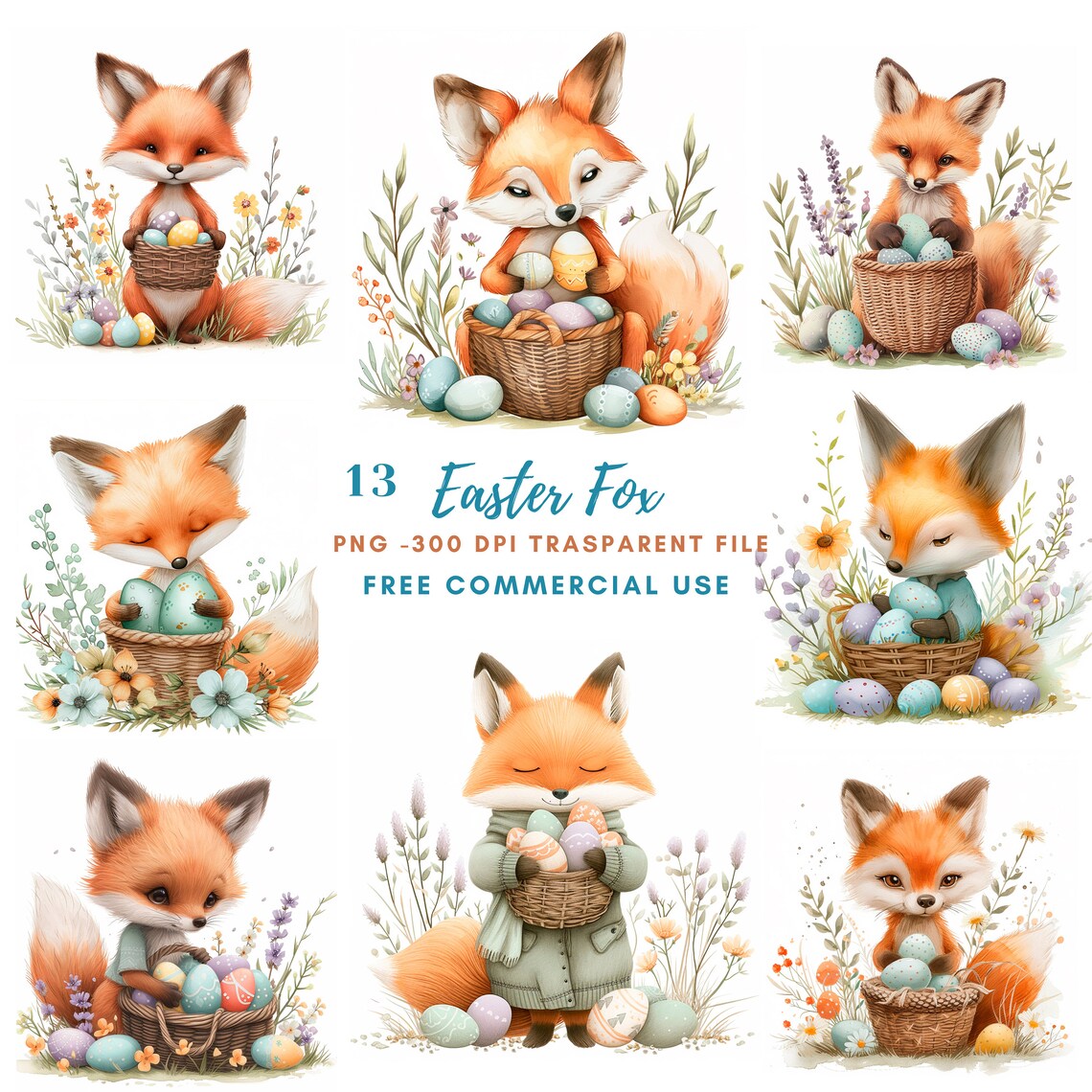 Easter Fox Clipart PNG Bundle 13 High Quality JPG, Easter Egg ...