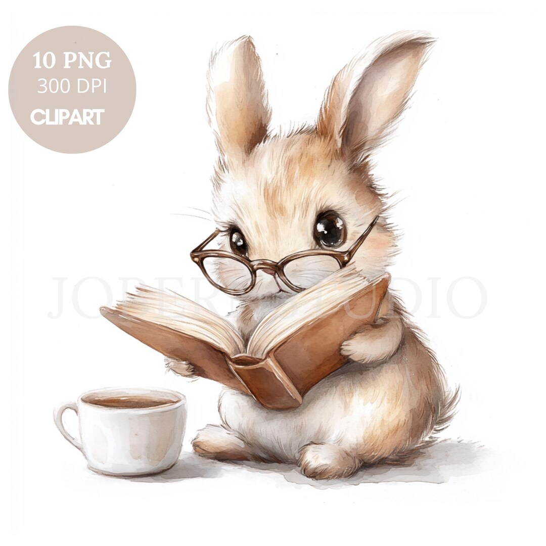 Watercolor Bunny Reading Clipart, PNG Sticker Bundle (digital Download ...