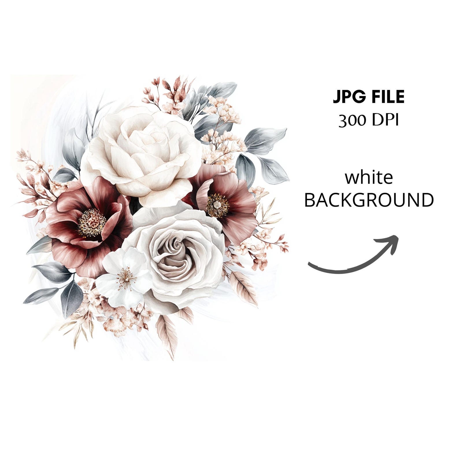 Bordeaux Bouquet Clipart Bundle 16 High Quality PNG| Watercolor Rose ...