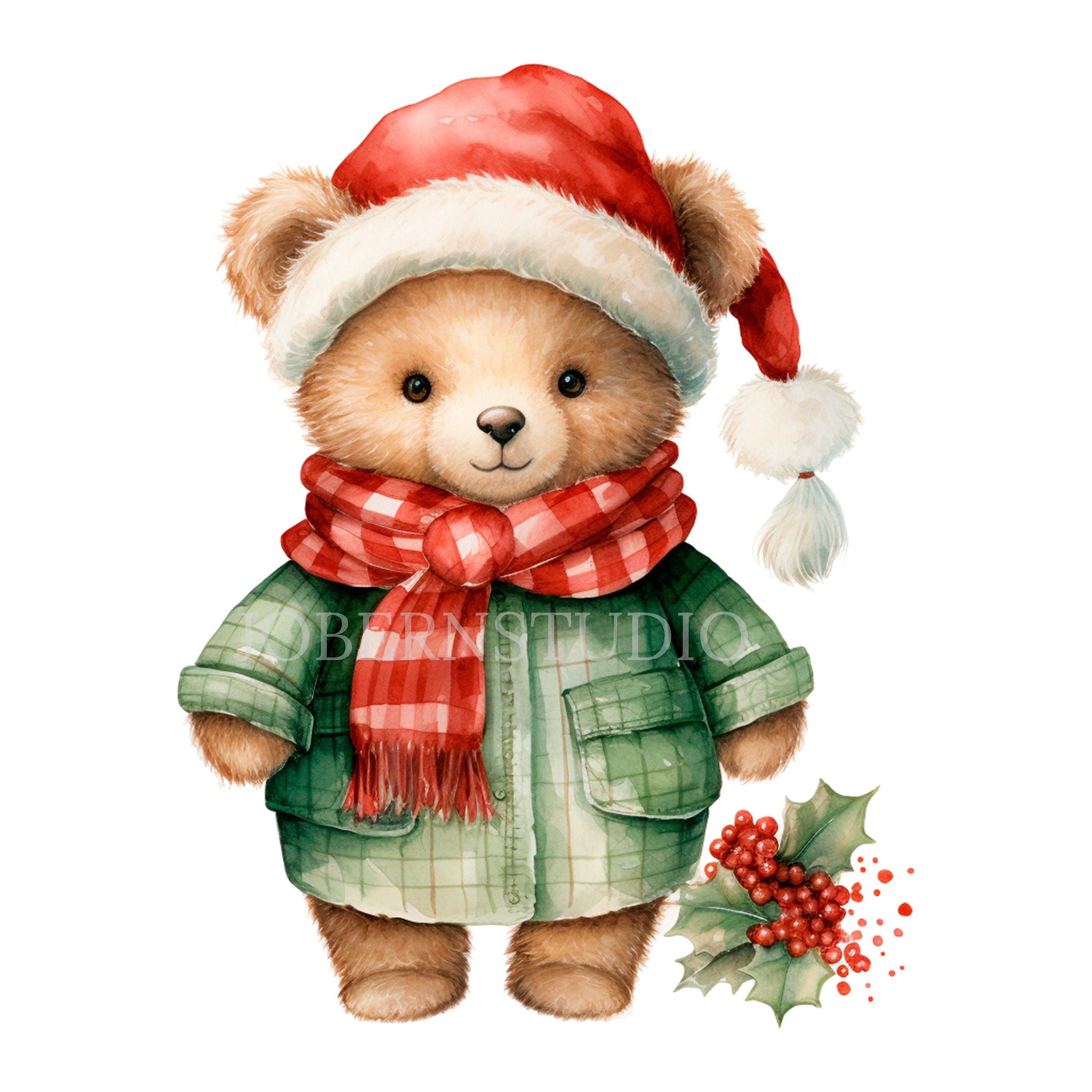 Christmas Teddy Bear, Watercolor Clipart PNG,15 High Quality Jpgs ...