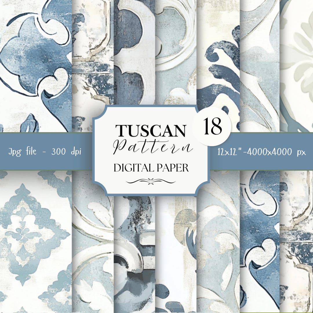Italian Blue Pattern Digital Paper Pack- Scrapbook Junk Journal Papers ...