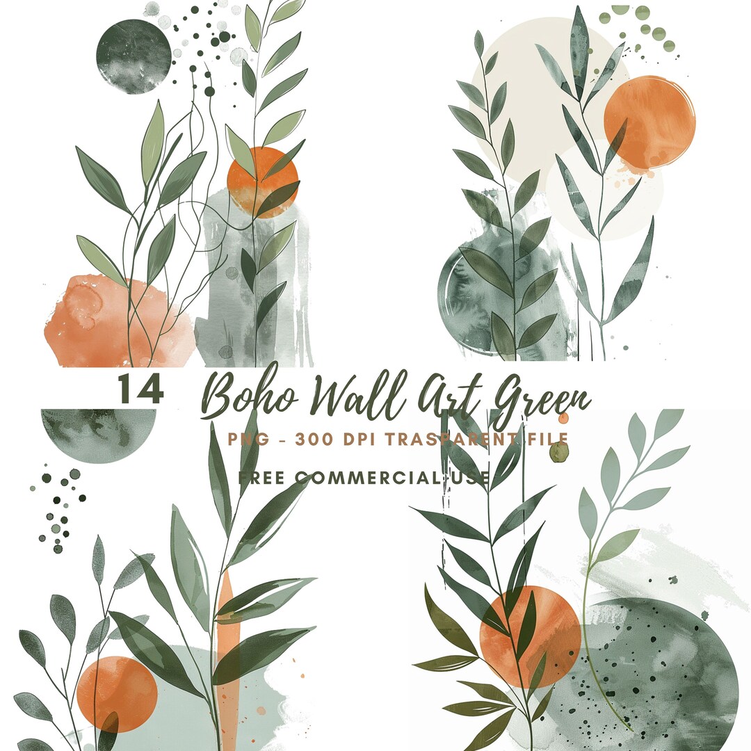 Boho Wall Art Clipart Bundle 14 High Quality PNG, Watercolor Green ...