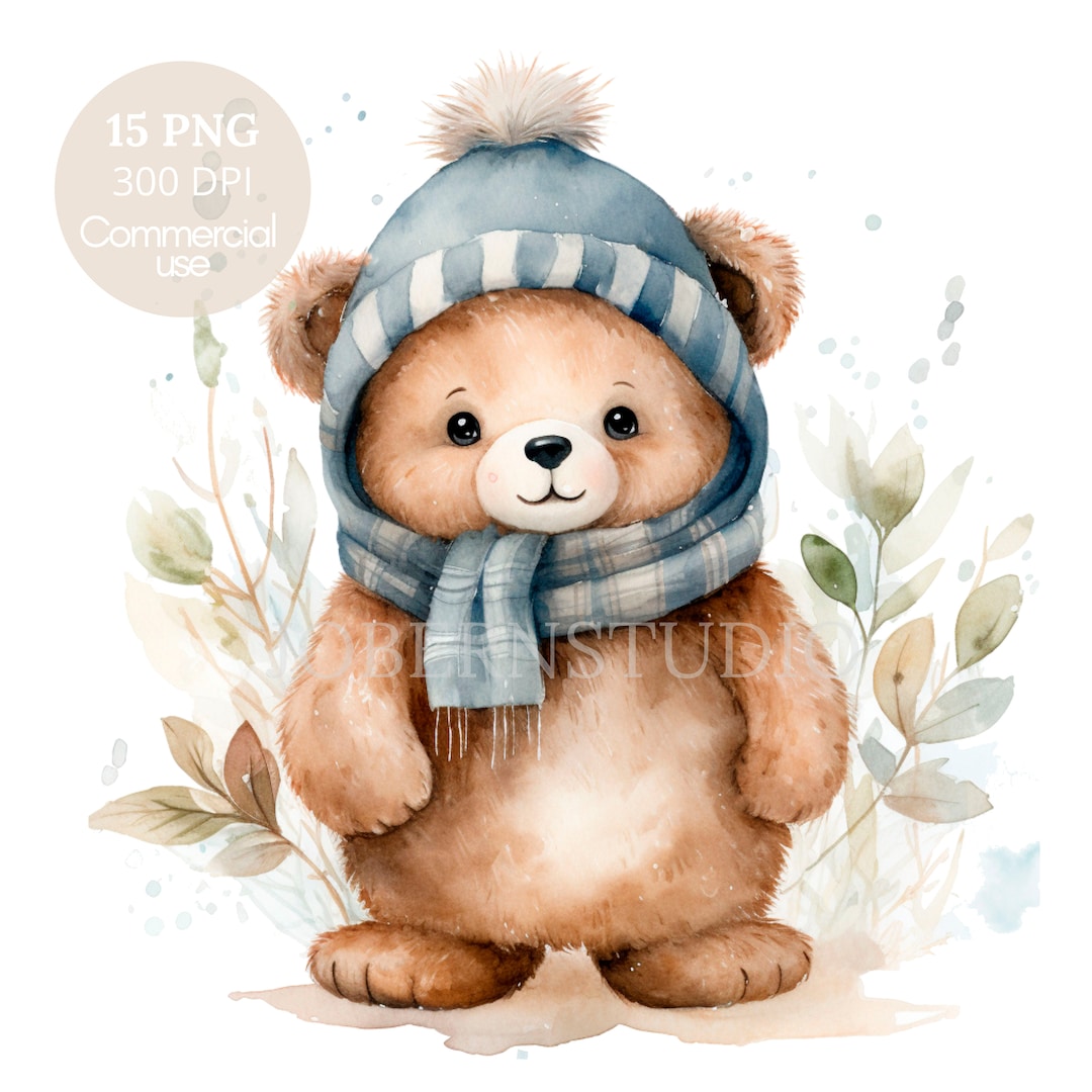 Winter Teddy Bear Clipart,bundle 15 High Quality Png,watercolor Clip Art Jpg,digital Download ...