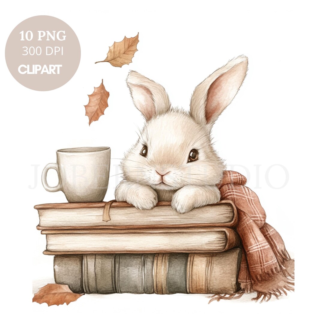 Watercolor Bunny Reading Clipart, PNG Sticker Bundle (digital Download ...