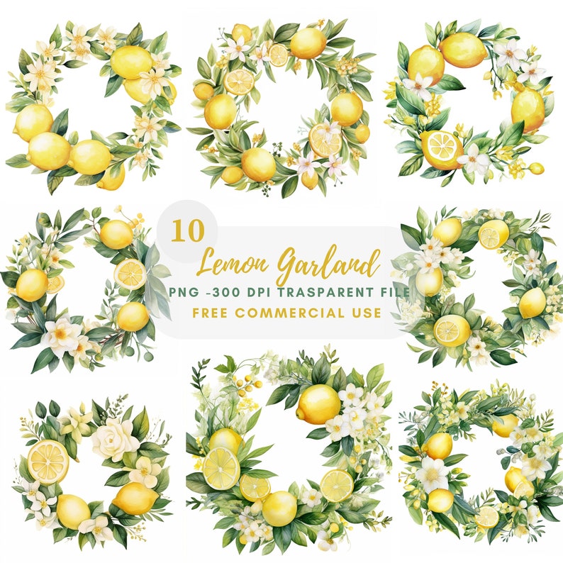 Lemon Rose Garland Clipart Bundle 10 High Quality Png,watercolor Floral ...