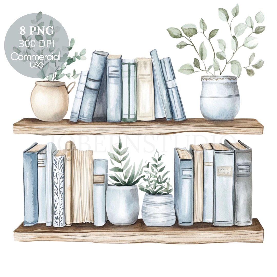 Bookshelf Clipart, Bundle 8 High Quality Png,watercolor Blue Bookcase ...