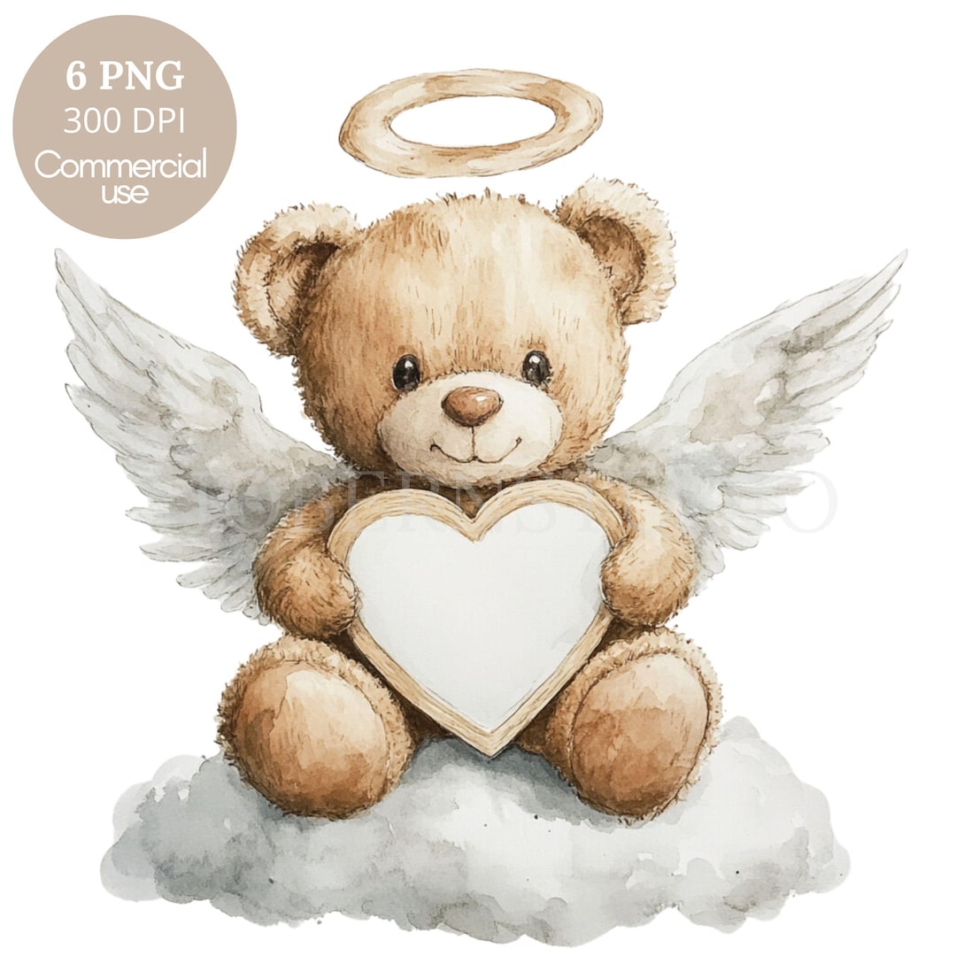 Teddy Bear Angel Clipart PNG Bundle 6 High Quality,watercolor Guardian Angel,nursery , Printable ...
