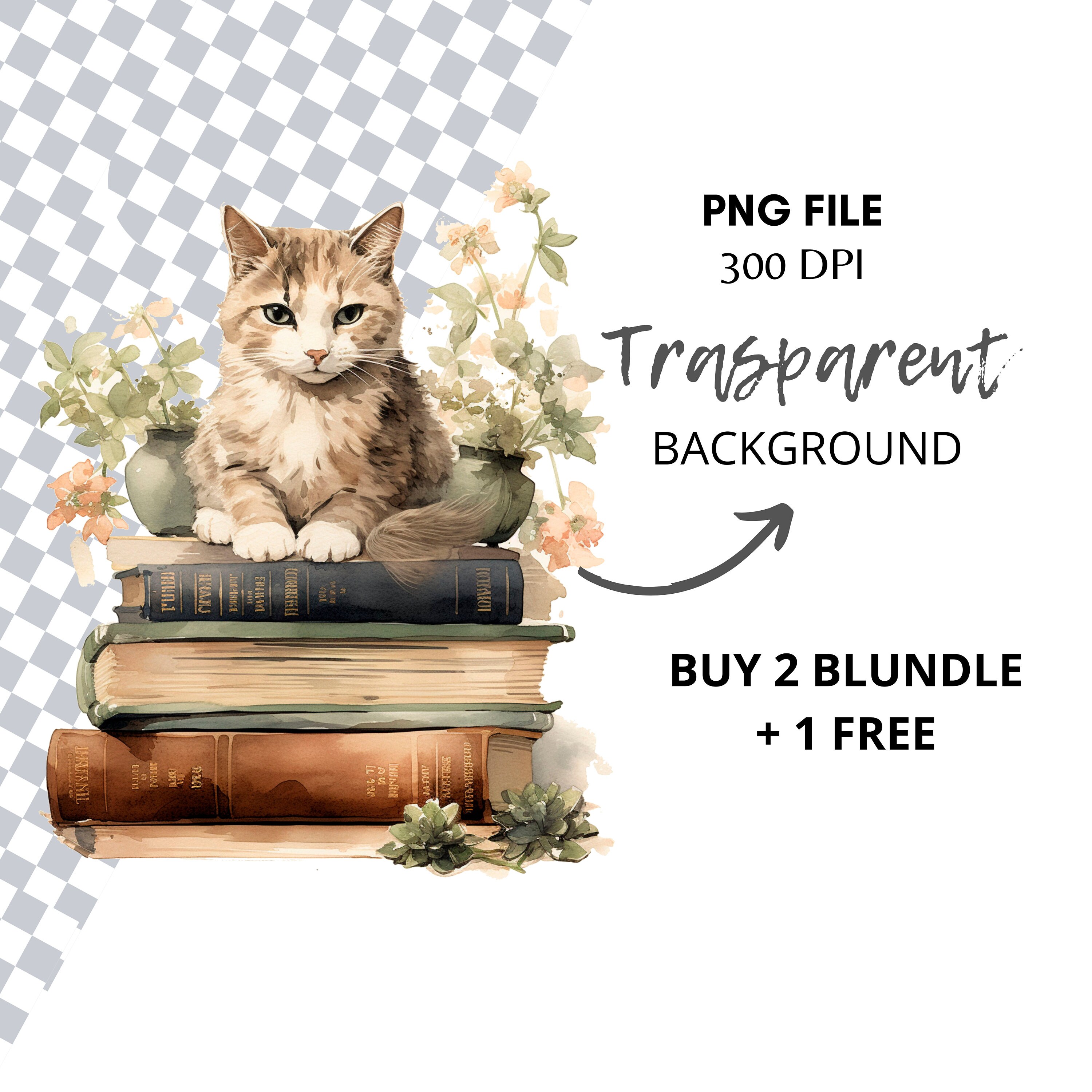 Book and Cat Clipart Bundle 15 High Quality Png,watercolor Home Decor ...