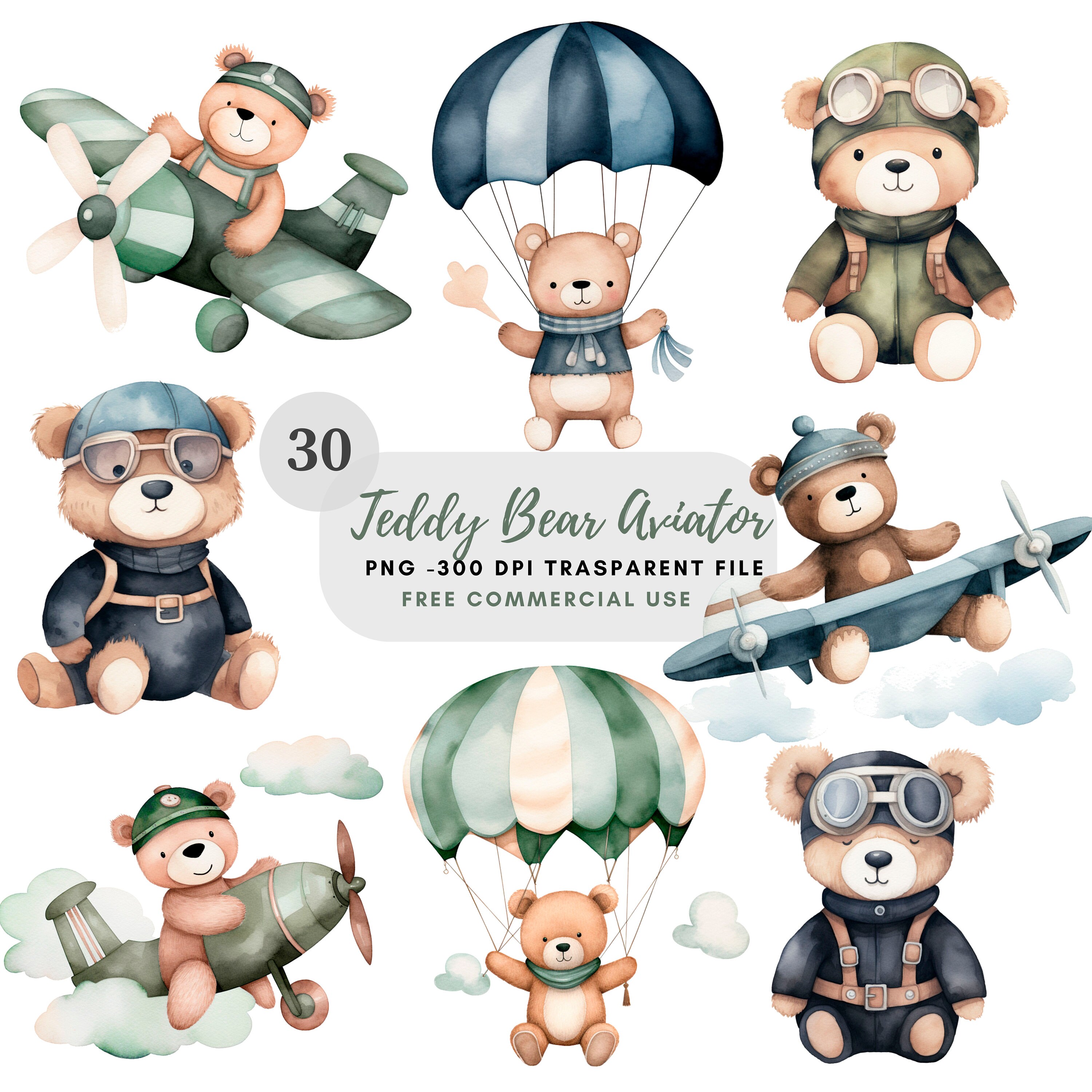 Teddy Bear Aviator Clipart PNG Bundle 30 High Quality,digital Download ...
