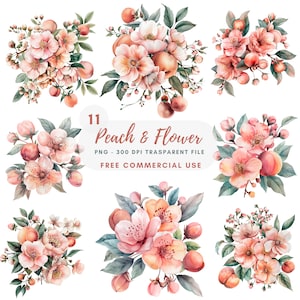 Peach Rose Branch Garland Clipart Bundle 11 High Quality, Watercolor ...