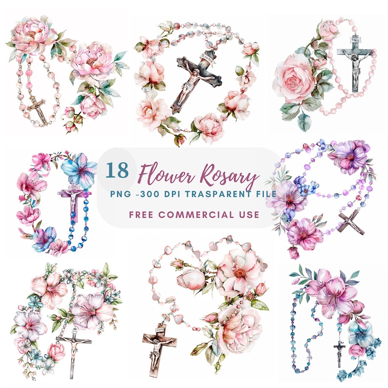 Flower Rosary Clipart Bundle 18 High Quality Png,cross Watercolor ...