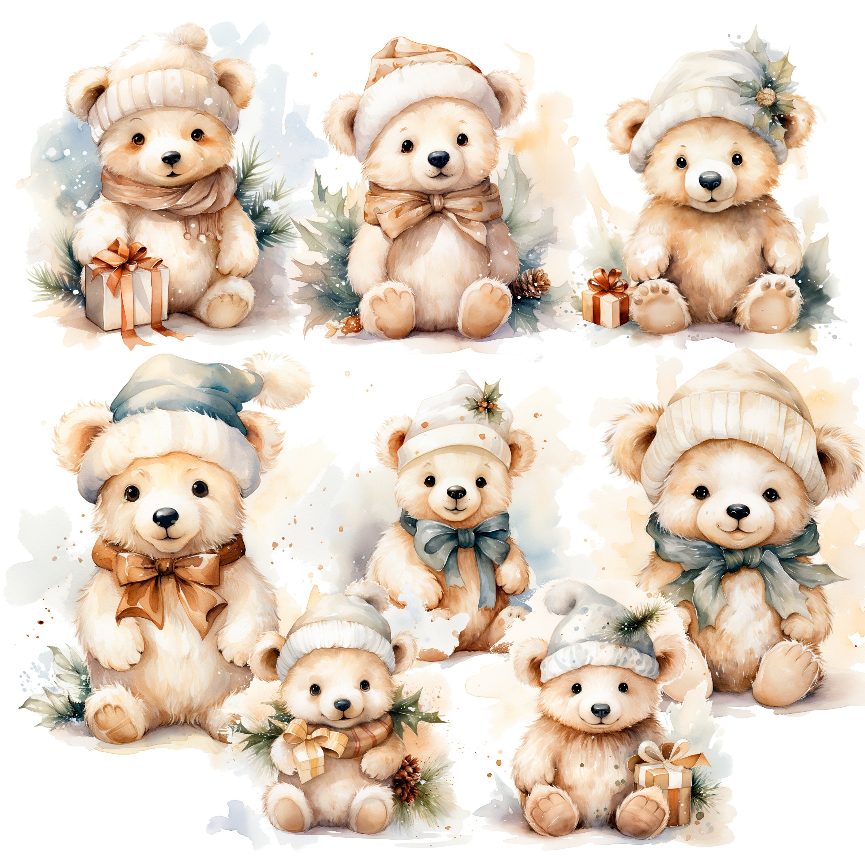 Christmas Teddy Bear, Watercolor Clipart PNG,15 High Quality Jpgs ...