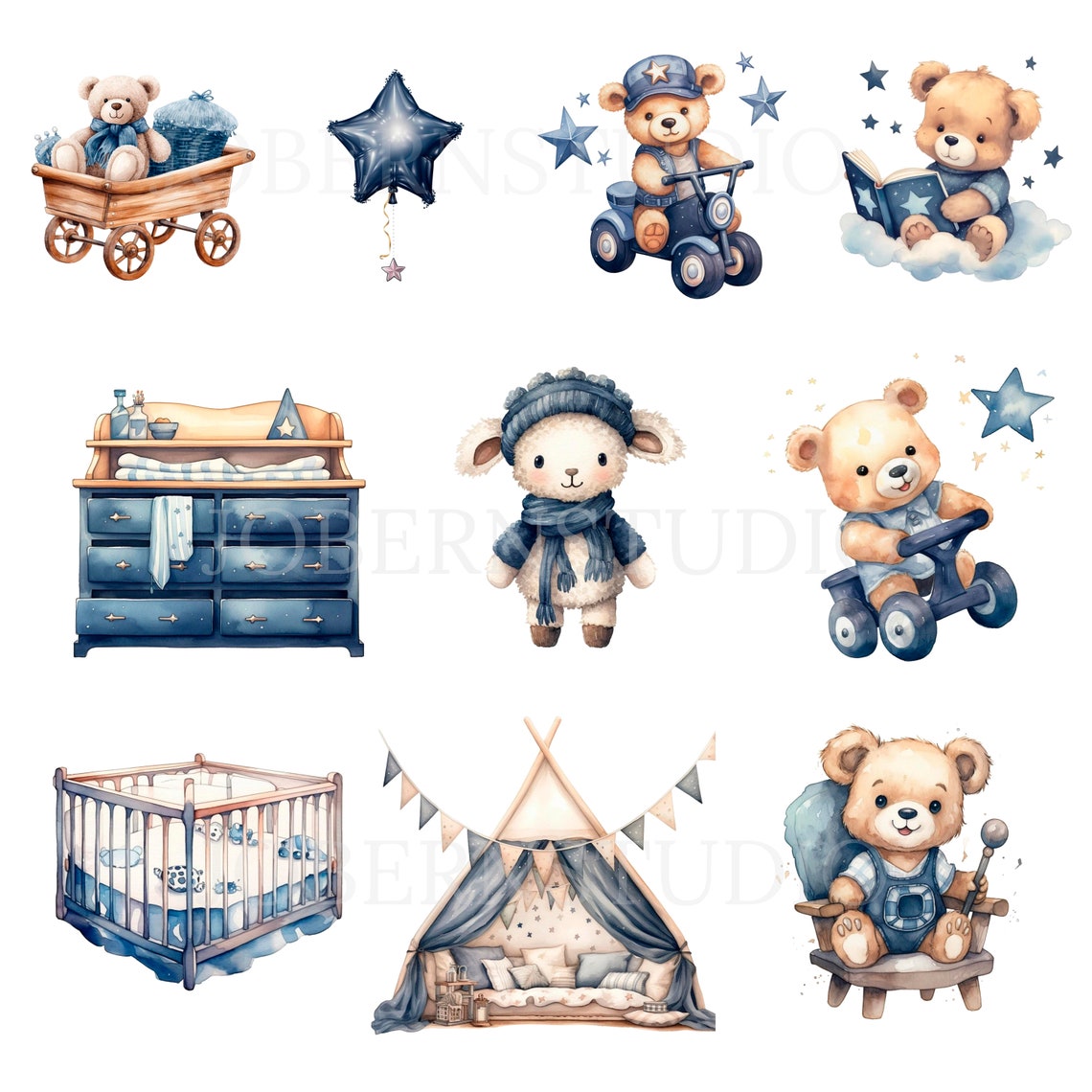 Blue Teddy Bear Nursery Clipart PNG,35 High Quality Jpgs,watercolor ...