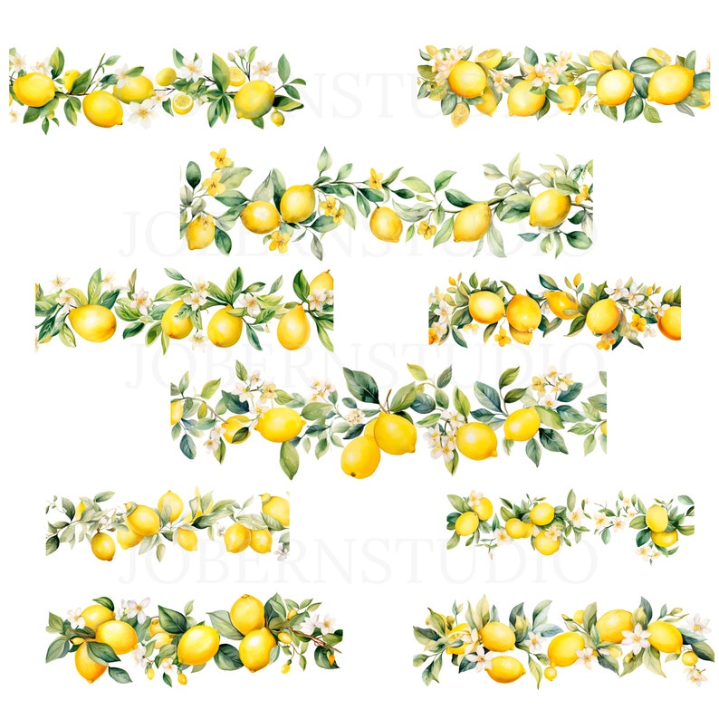 Lemon Garland Clipart Bundle 10 High Quality PNG, Watercolor Fruit ...