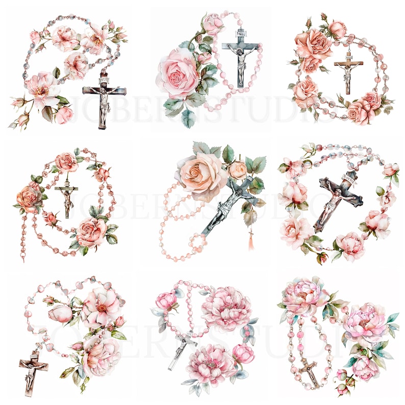 Flower Rosary Clipart Bundle 18 High Quality Png,cross Watercolor ...