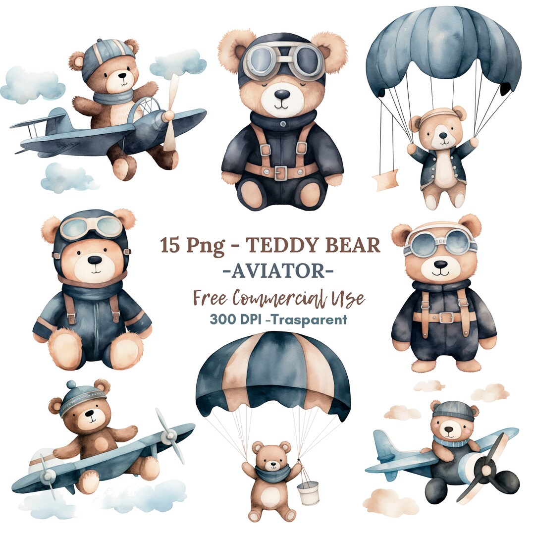 Teddy Bear Aviator Clipart PNG Bundle 15 High Quality Jpg,digital ...