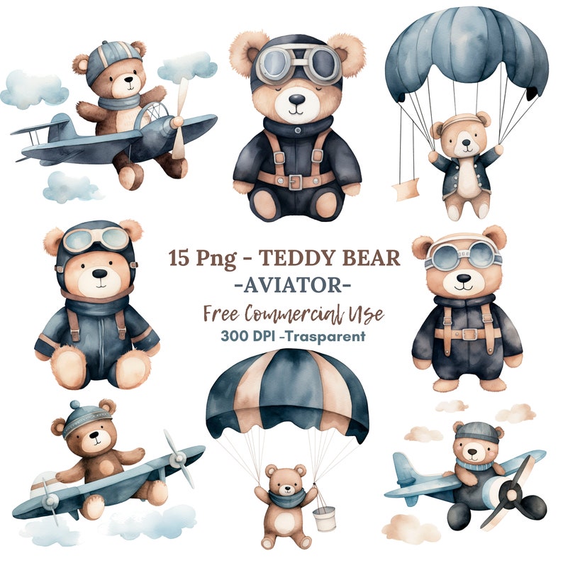 Teddy Bear Aviator Clipart PNG Bundle 15 High Quality Jpg,digital ...