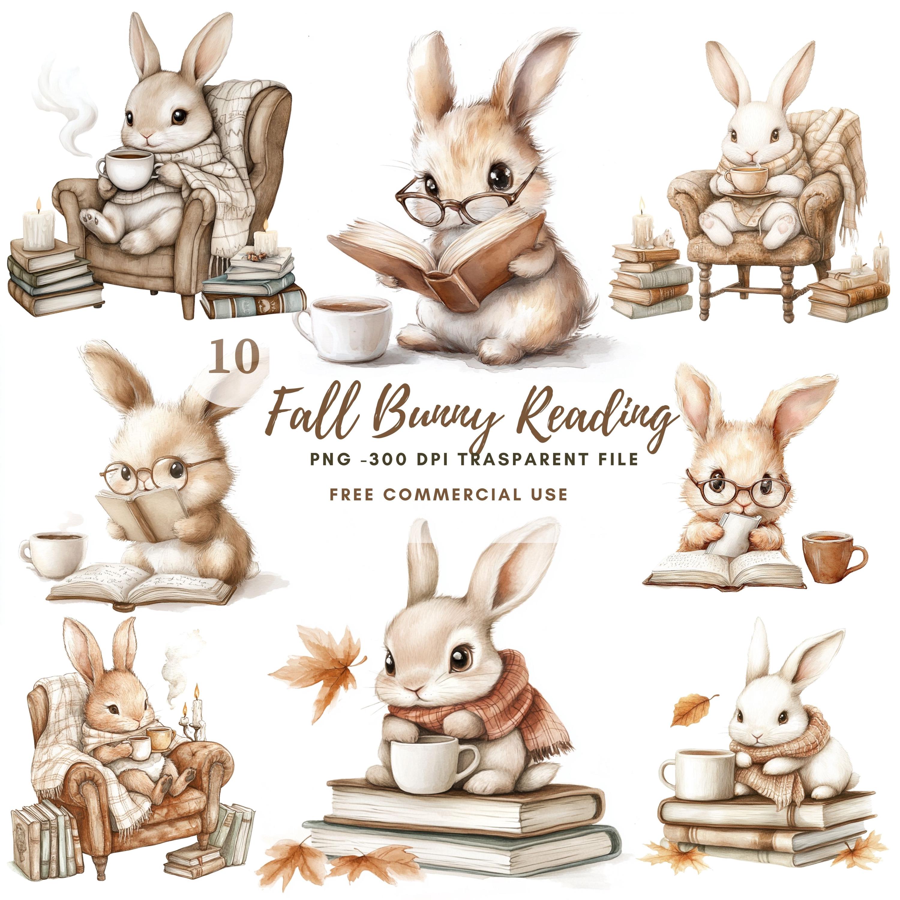 Bunny With Book Clipart PNG Bundle 10 High Quality, Watercolor Rabbit ...