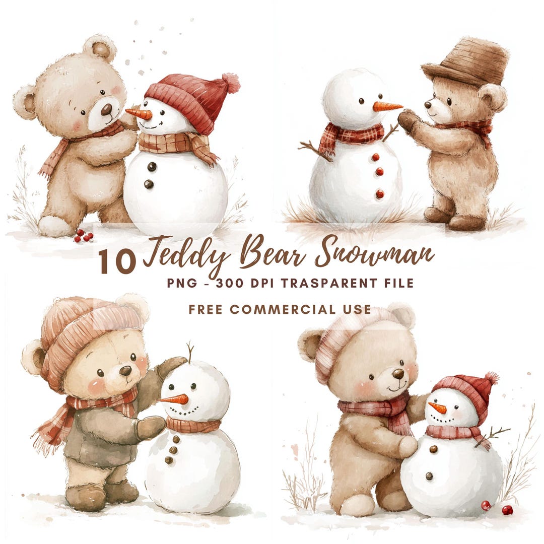 Christmas Teddy Bear & Snowman Clipart,watercolor 10 High Quality Png ...