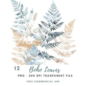 Boho Leaves Clipart Bundle 12 High Quality PNG, Watercolor Green Leaves ...