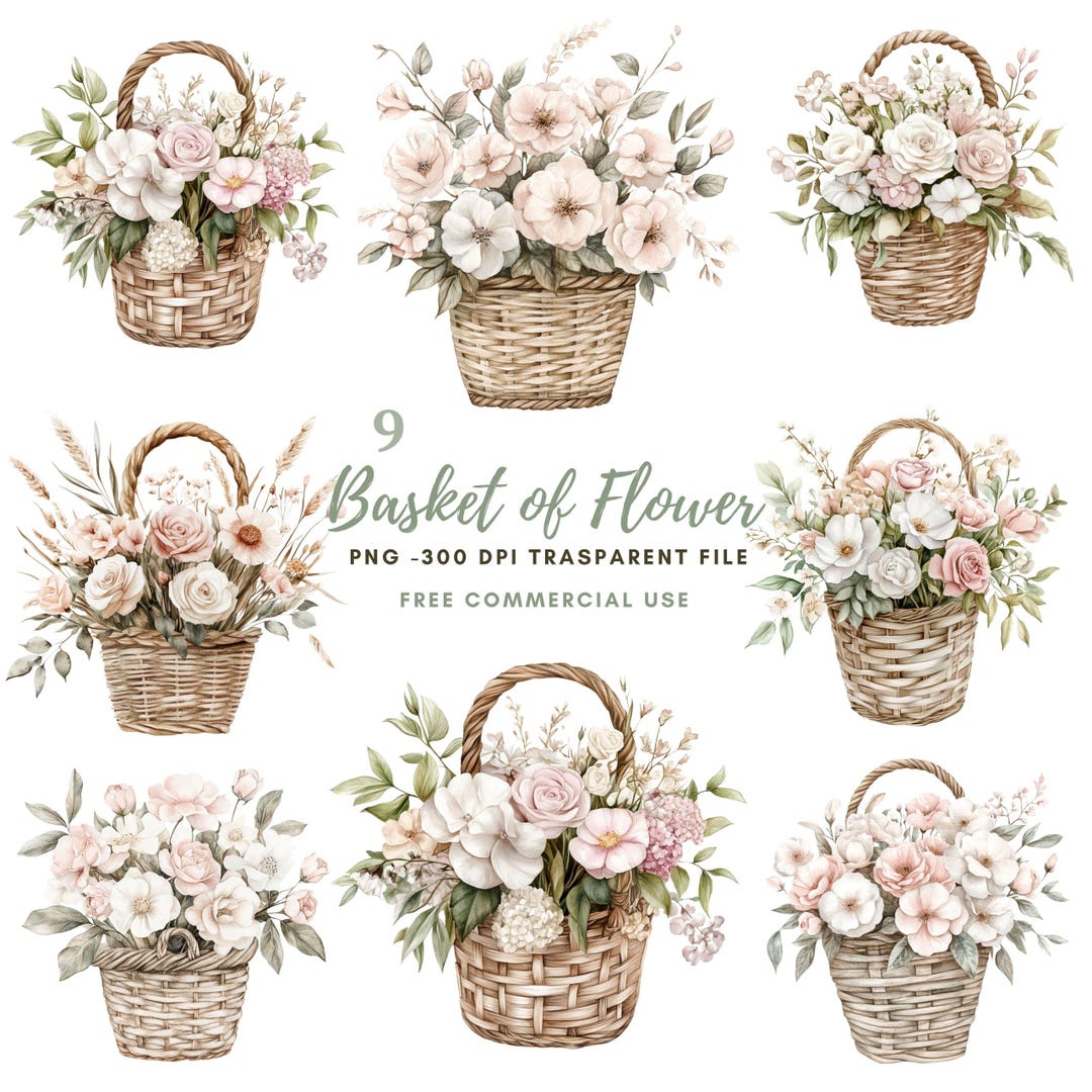 Basket Flower Clipart Bundle 9 High Quality PNG| Watercolor Flower ...