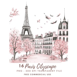 Paris Cityscape Clipart Png,bundle 16 High Quality,watercolor Pink City ...