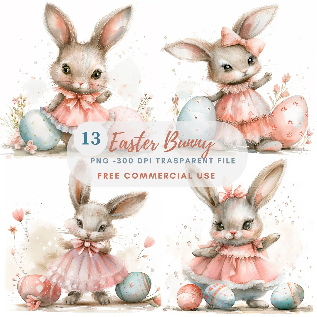 Easter Bunny Clipart PNG Bundle 13 High Quality, Pink Easter Watercolor ...