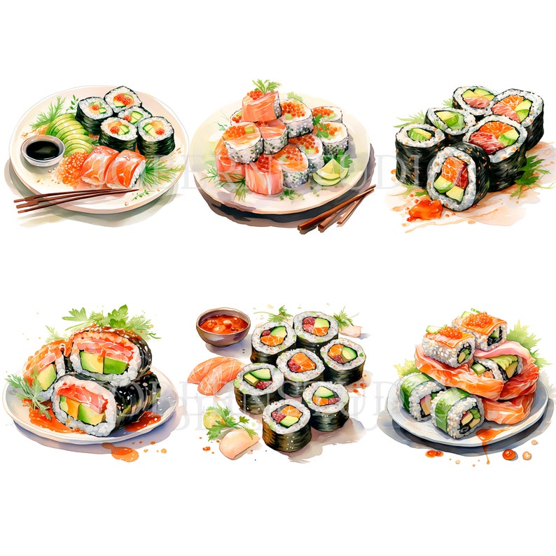 Tasty Sushi Clipart Bundle 15 High Quality Png,watercolor Japanese Food ...