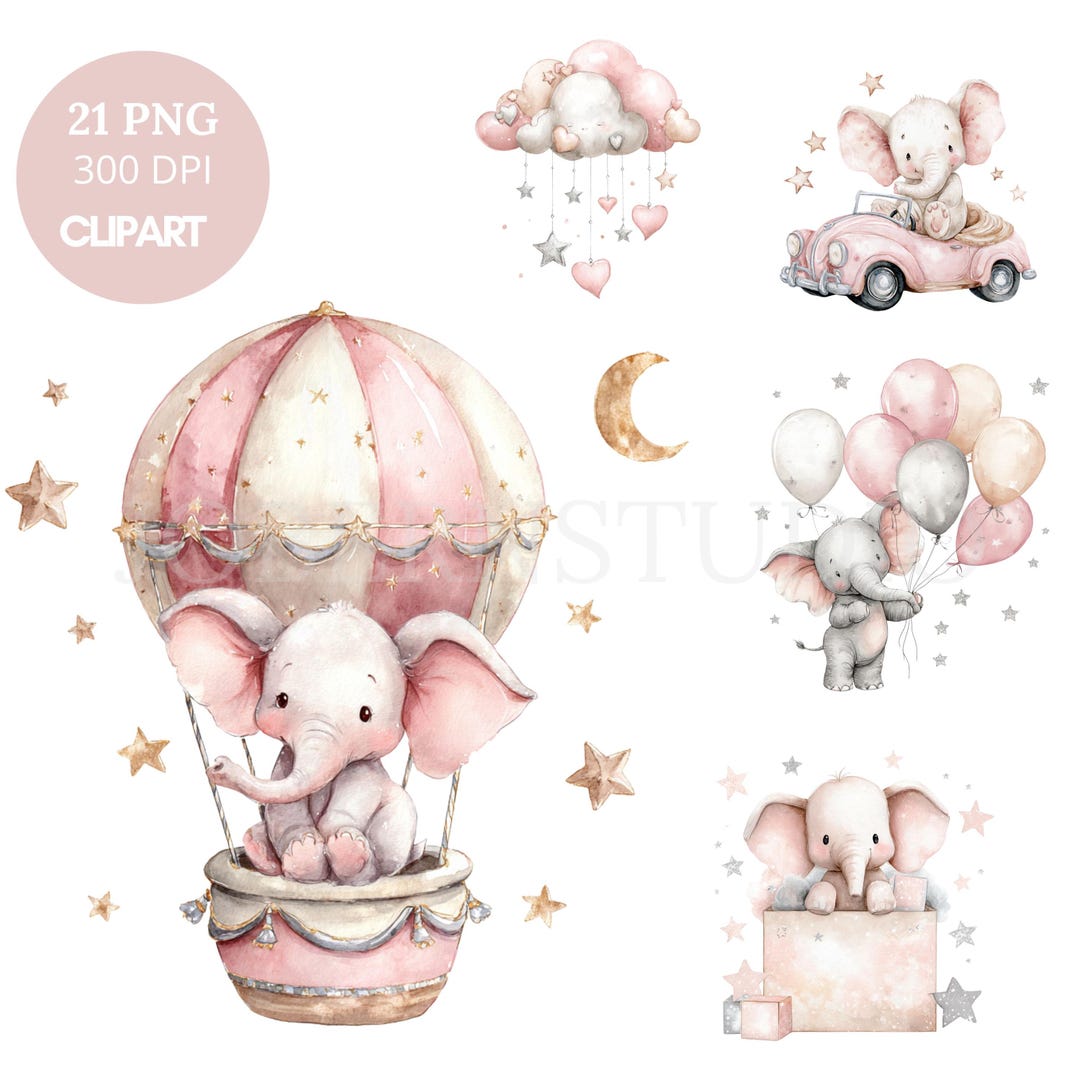 Pink Elephant Nursery Clipart PNG Bundle 21 High Quality| Watercolor ...