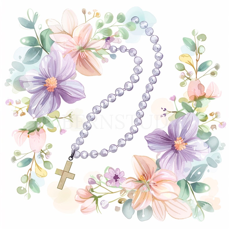 Flower Rosary Clipart Bundle 20 High Quality Png,cross Watercolor ...