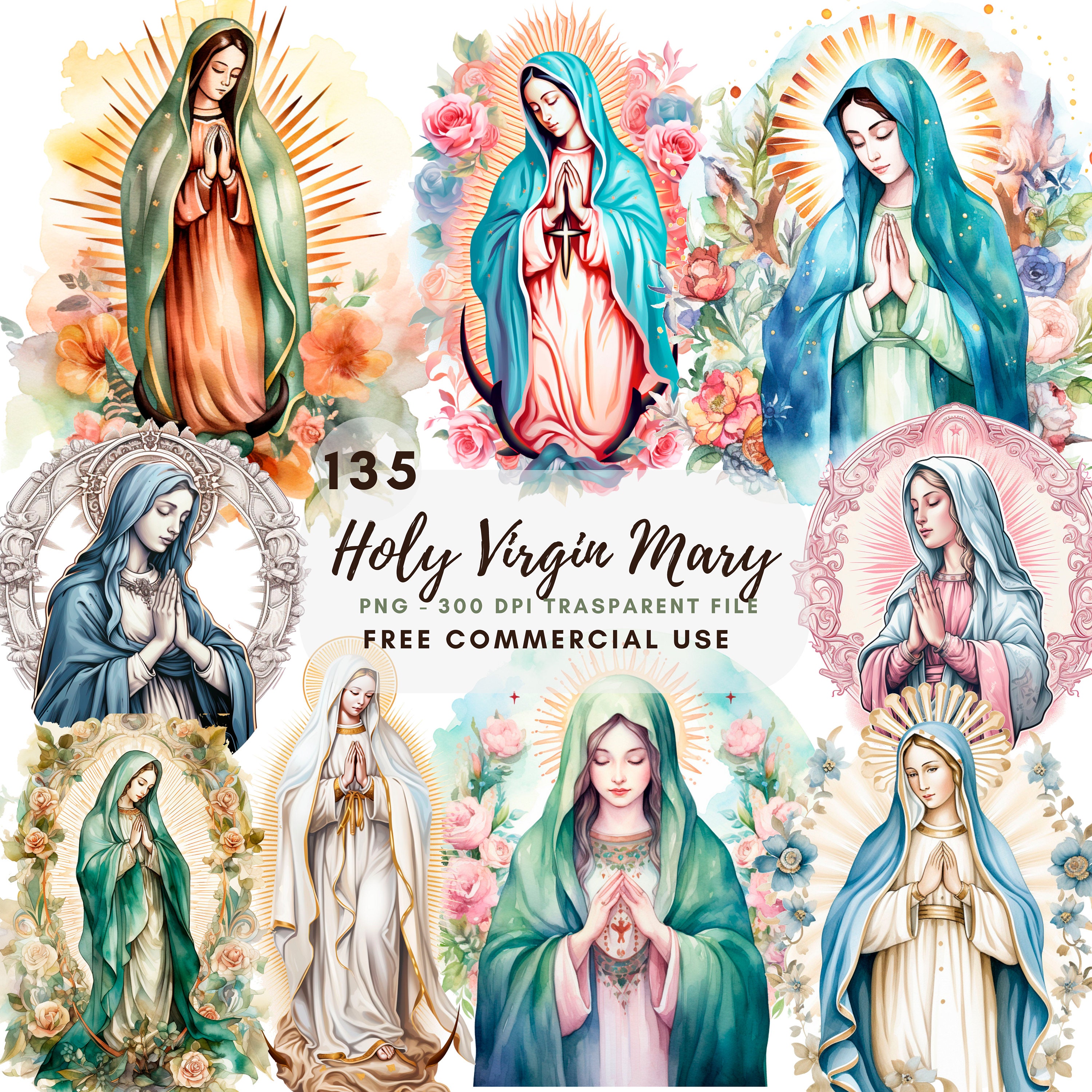 Virgin Mary Clipart,bundle 135 High Quality Png,watercolor Clip Art Jpg ...