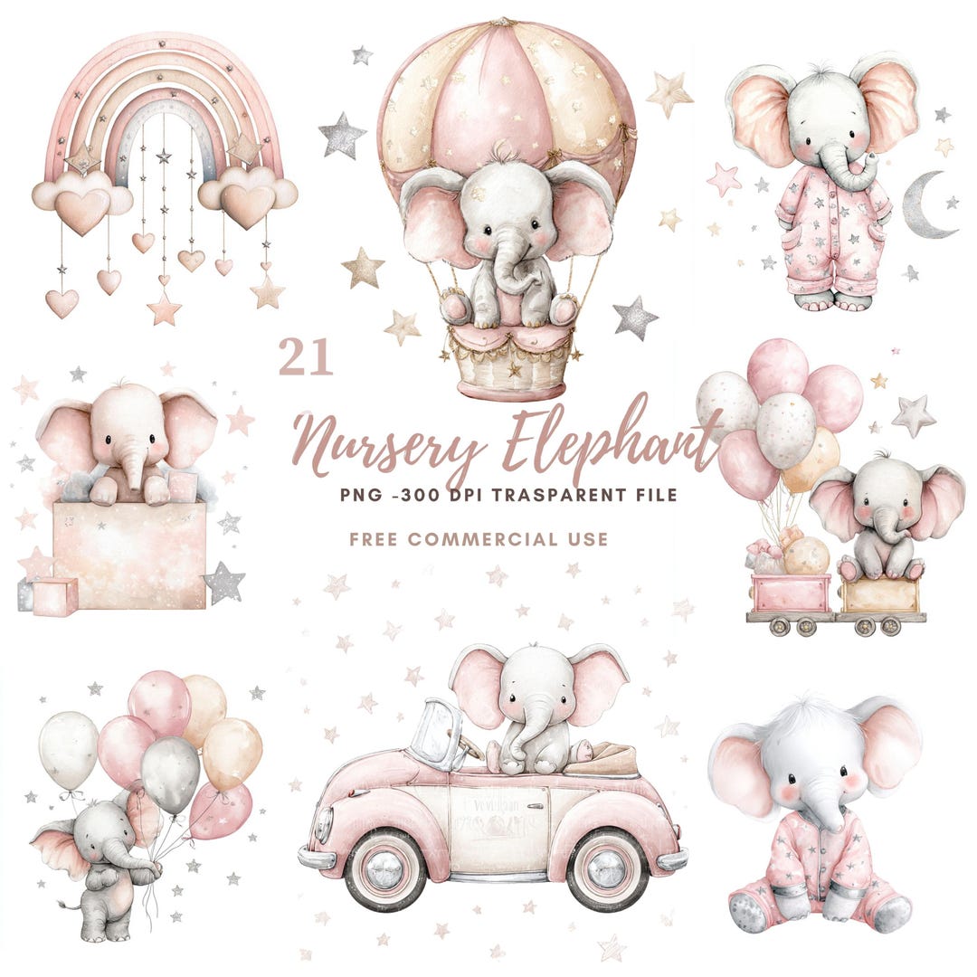 Pink Elephant Nursery Clipart PNG Bundle 21 High Quality| Watercolor ...