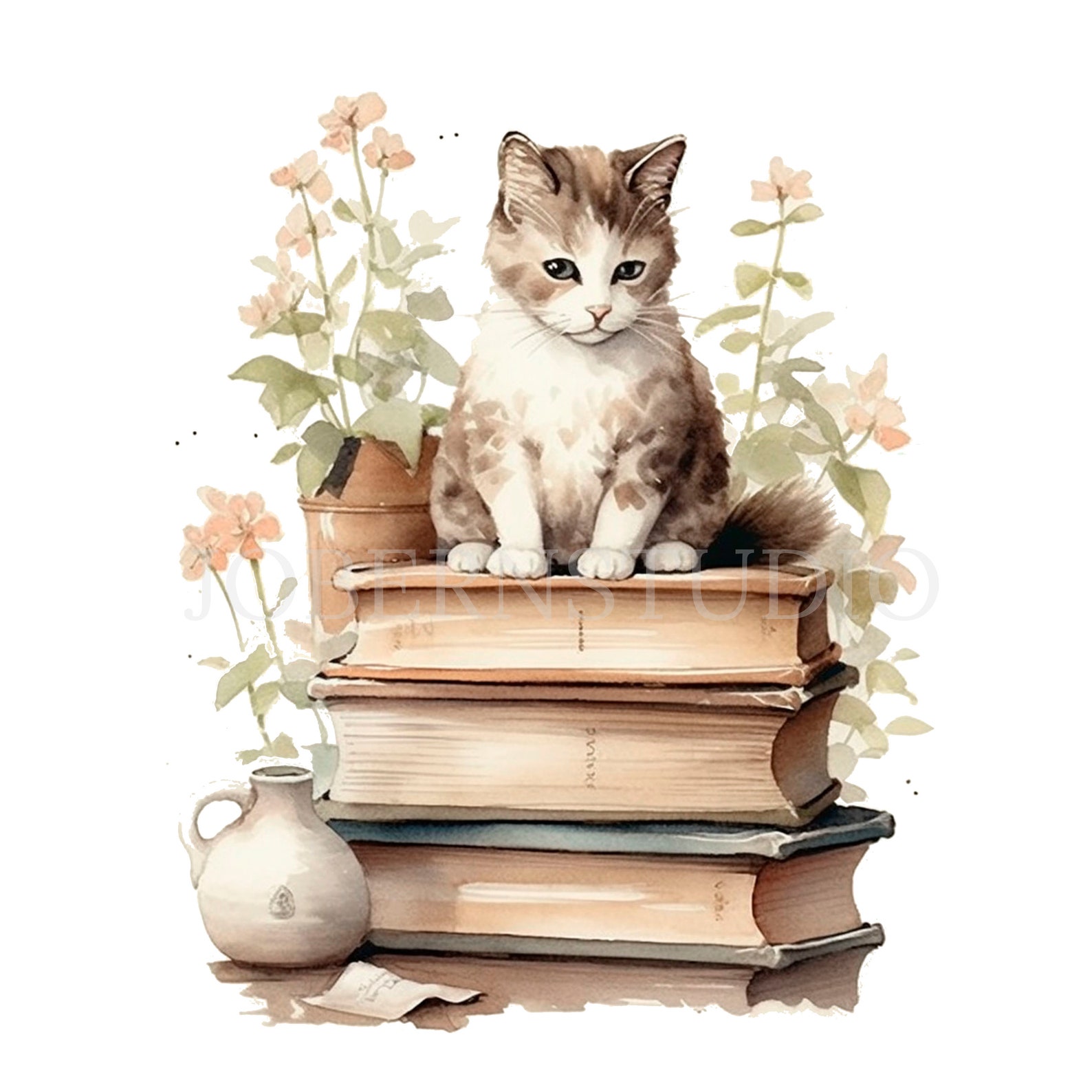 Book and Cat Clipart Bundle 15 High Quality Png,watercolor Home Decor ...