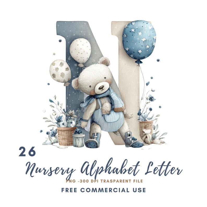 Nursery Alphabet Letter,clipart Bundle 26 PNG, Watercolor Blue Letter ...