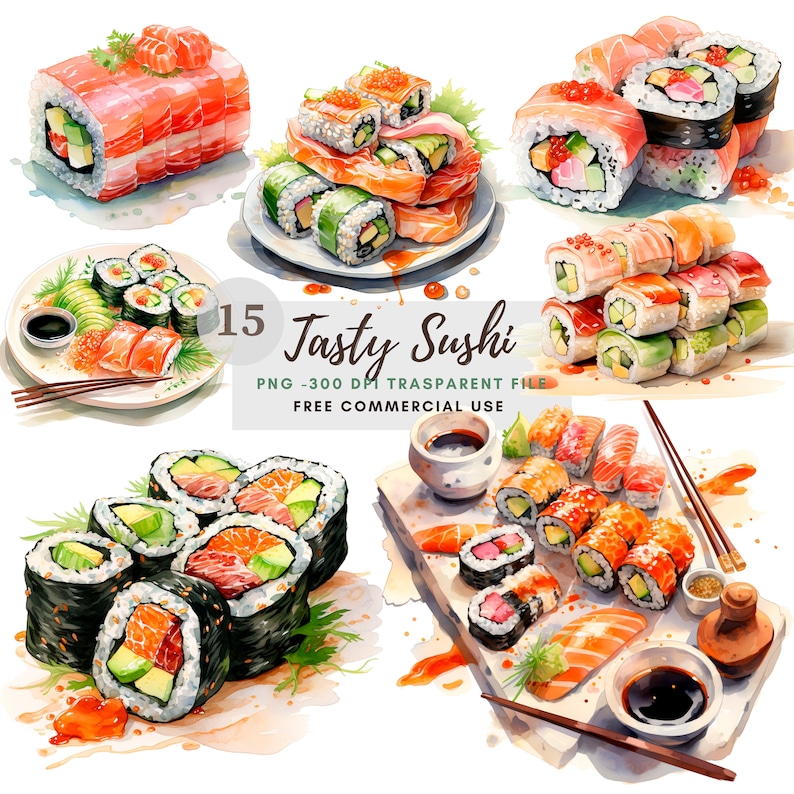 Tasty Sushi Clipart Bundle 15 High Quality Png,watercolor Japanese Food ...