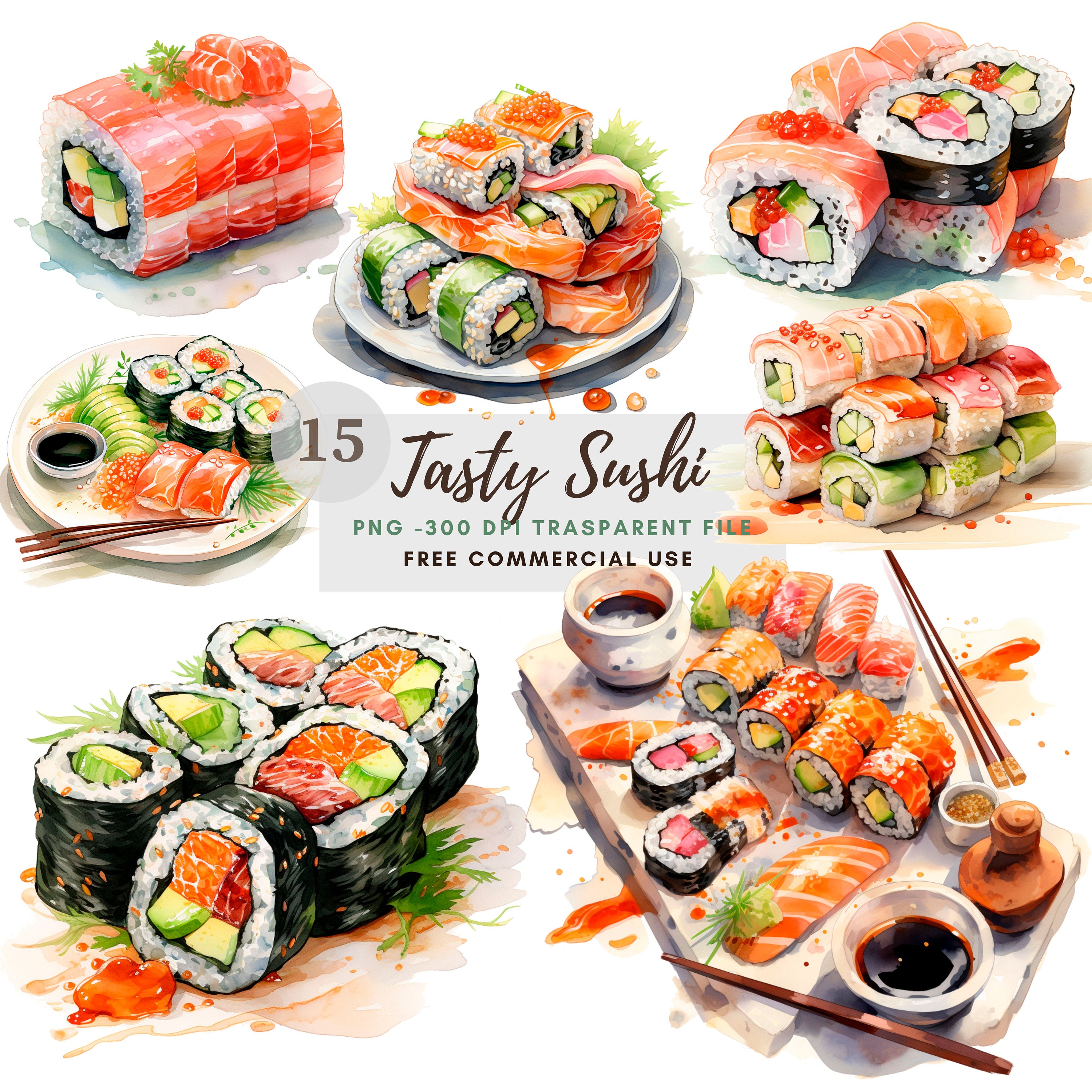 Tasty Sushi Clipart Bundle 15 High Quality Png,watercolor Japanese Food ...