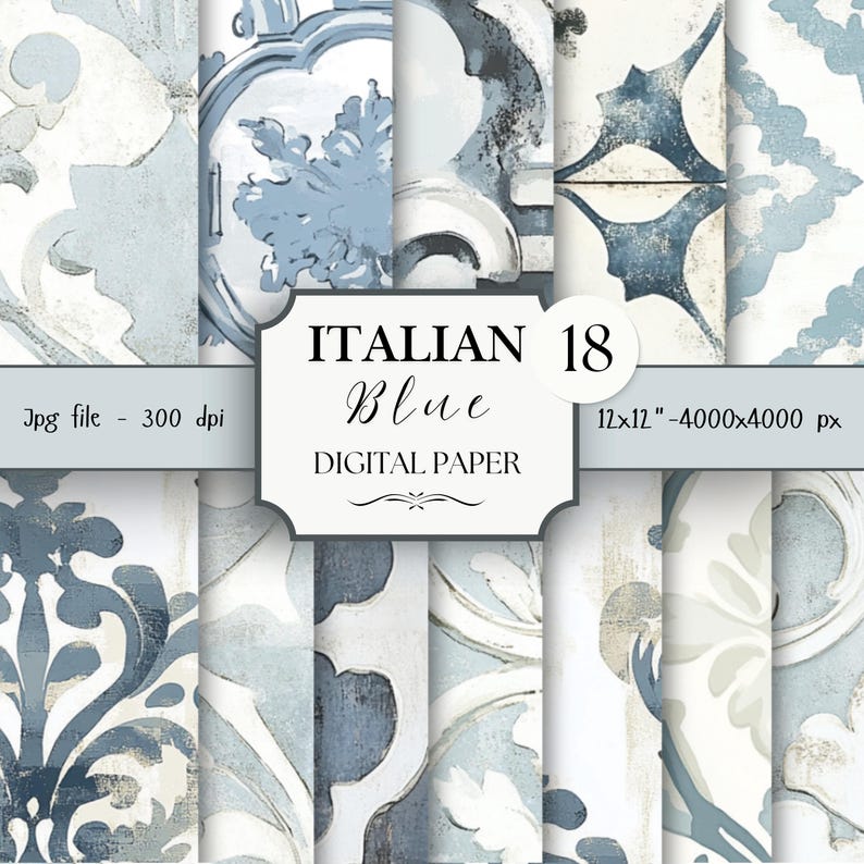 Italian Blue Pattern Digital Paper Pack- Scrapbook Junk Journal Papers ...