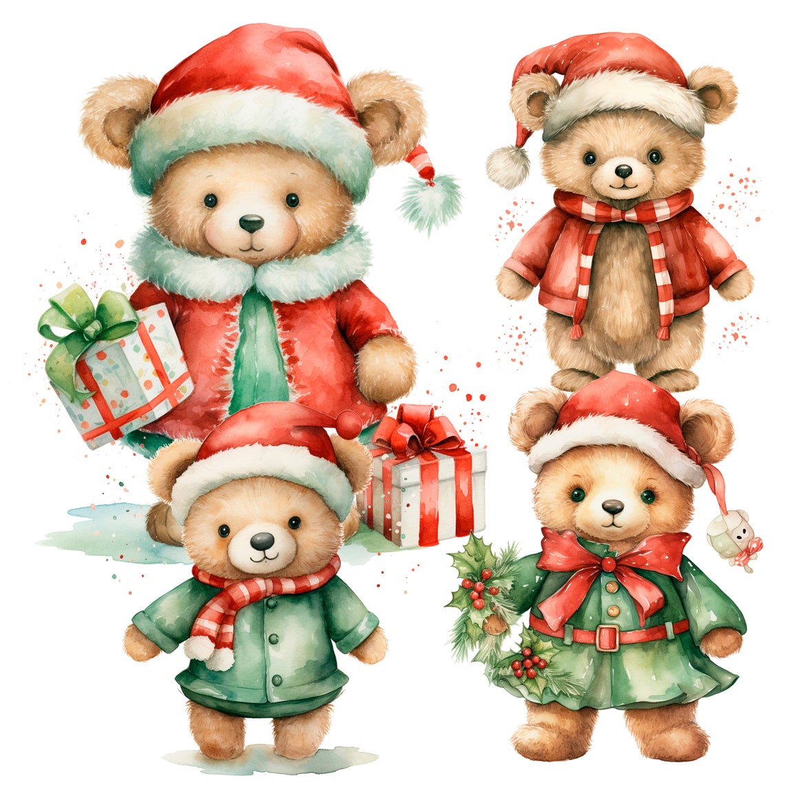 Christmas Teddy Bear, Watercolor Clipart PNG,15 High Quality Jpgs ...