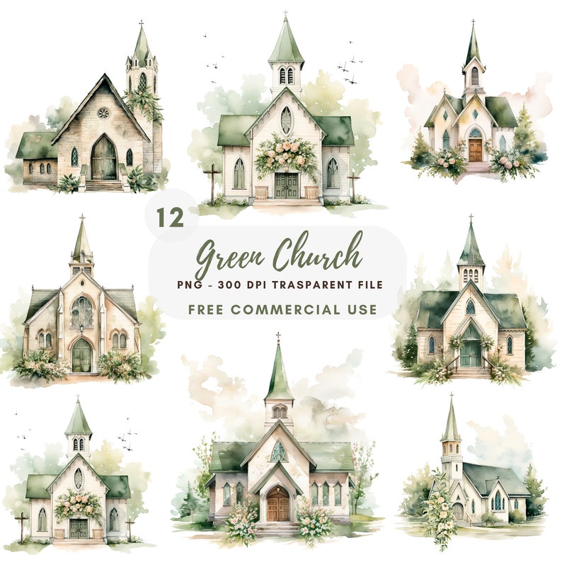 Green Church Clipart Png,bundle 12 High Quality,watercolor Church ...