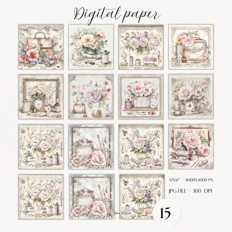 Shabby Chic Digital Paper Pack -15 Sewing Pages Scrapbook Junk Journal ...
