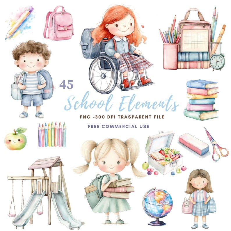 School Elements Clipart PNG Bundle 45 High Quality,watercolor Girl and ...
