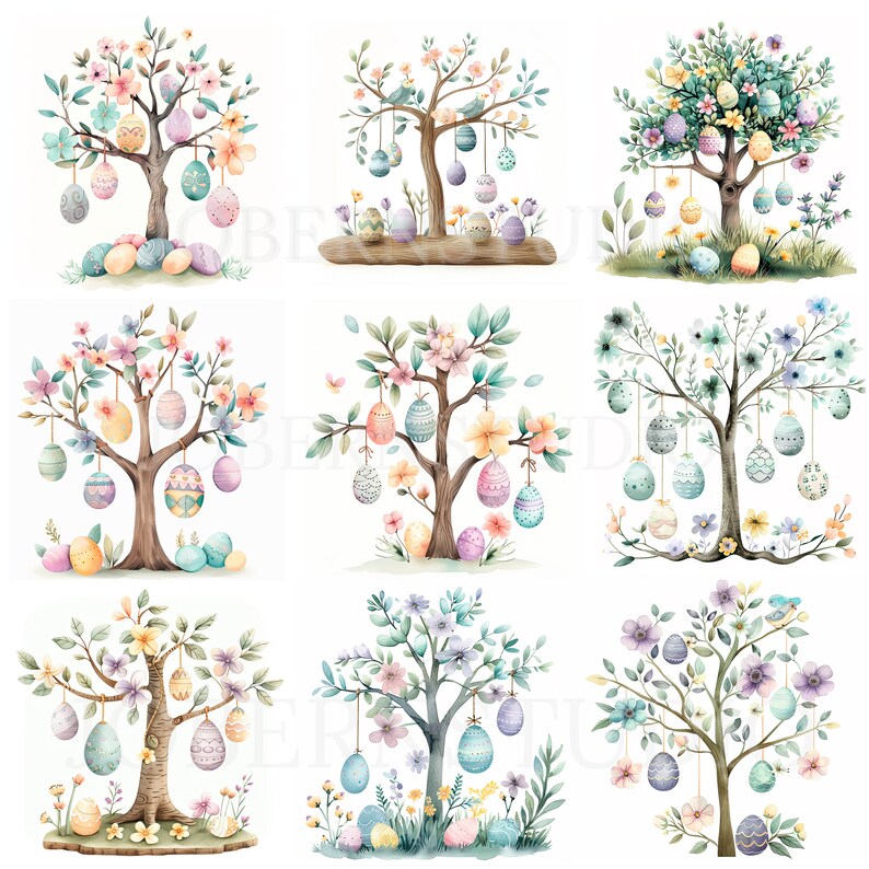 Easter Tree Clipart PNG Bundle 13 High Quality,watercolor Easter Egg ...