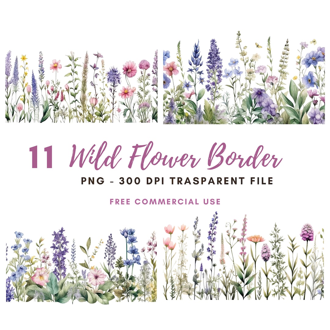 Wild Flower Border Clipart Bundle 11 High Quality Png,watercolor Floral ...