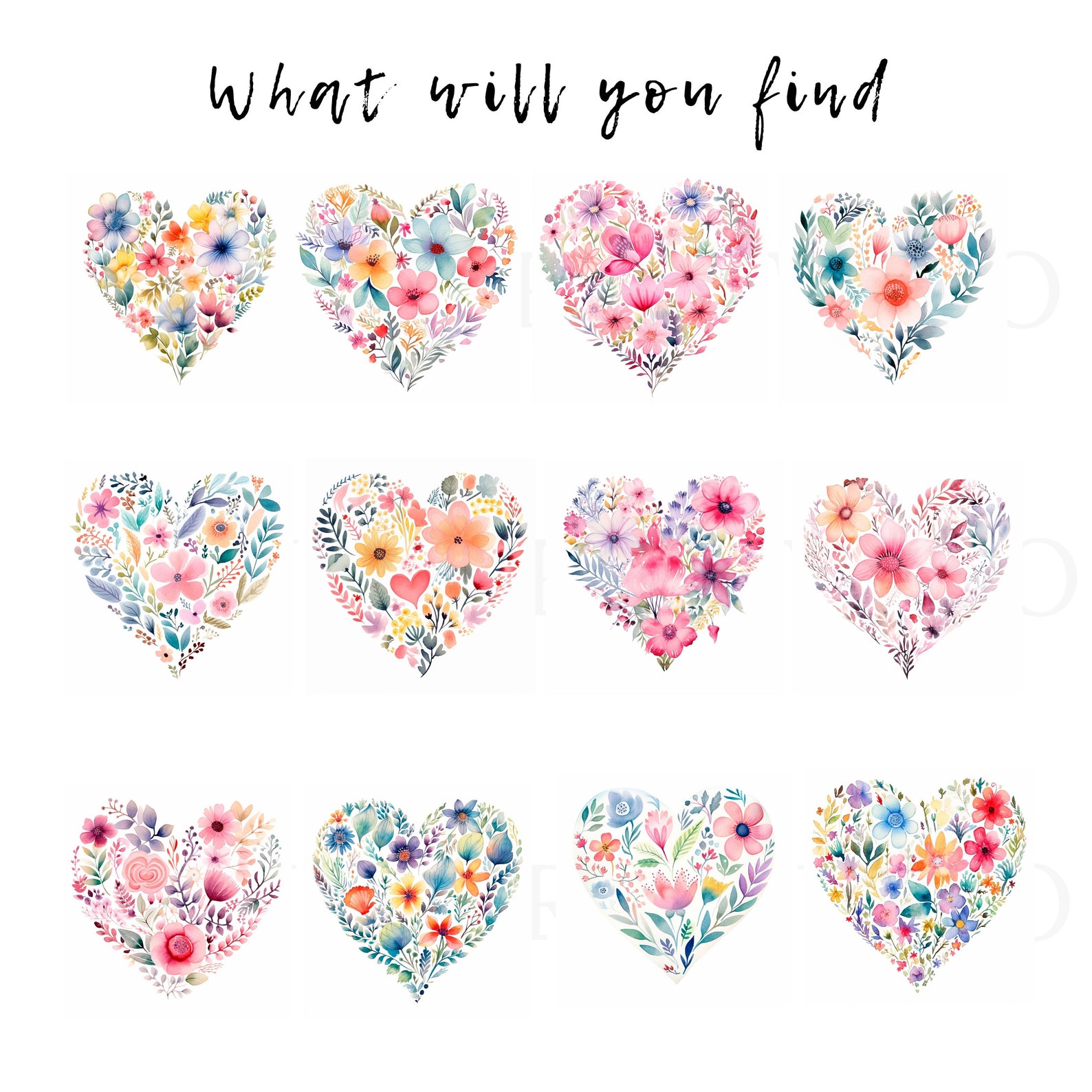 Flower Heart Clipart Bundle 12 High Quality PNG, Watercolor Garland ...