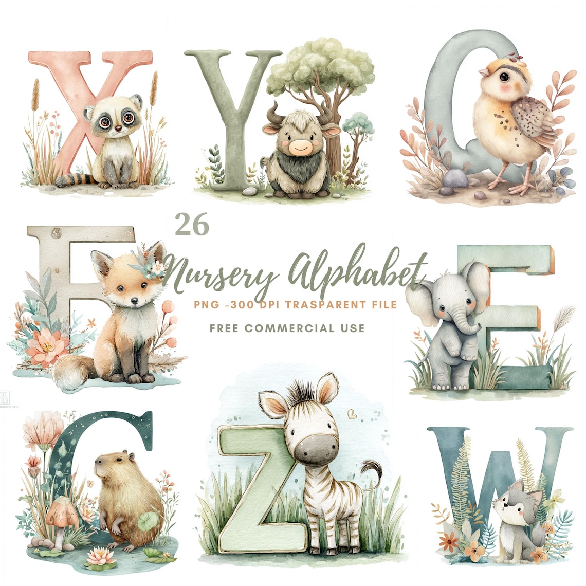 Nursery Alphabet Letter Clipart Bundle 26 High Quality PNG, Watercolor ...