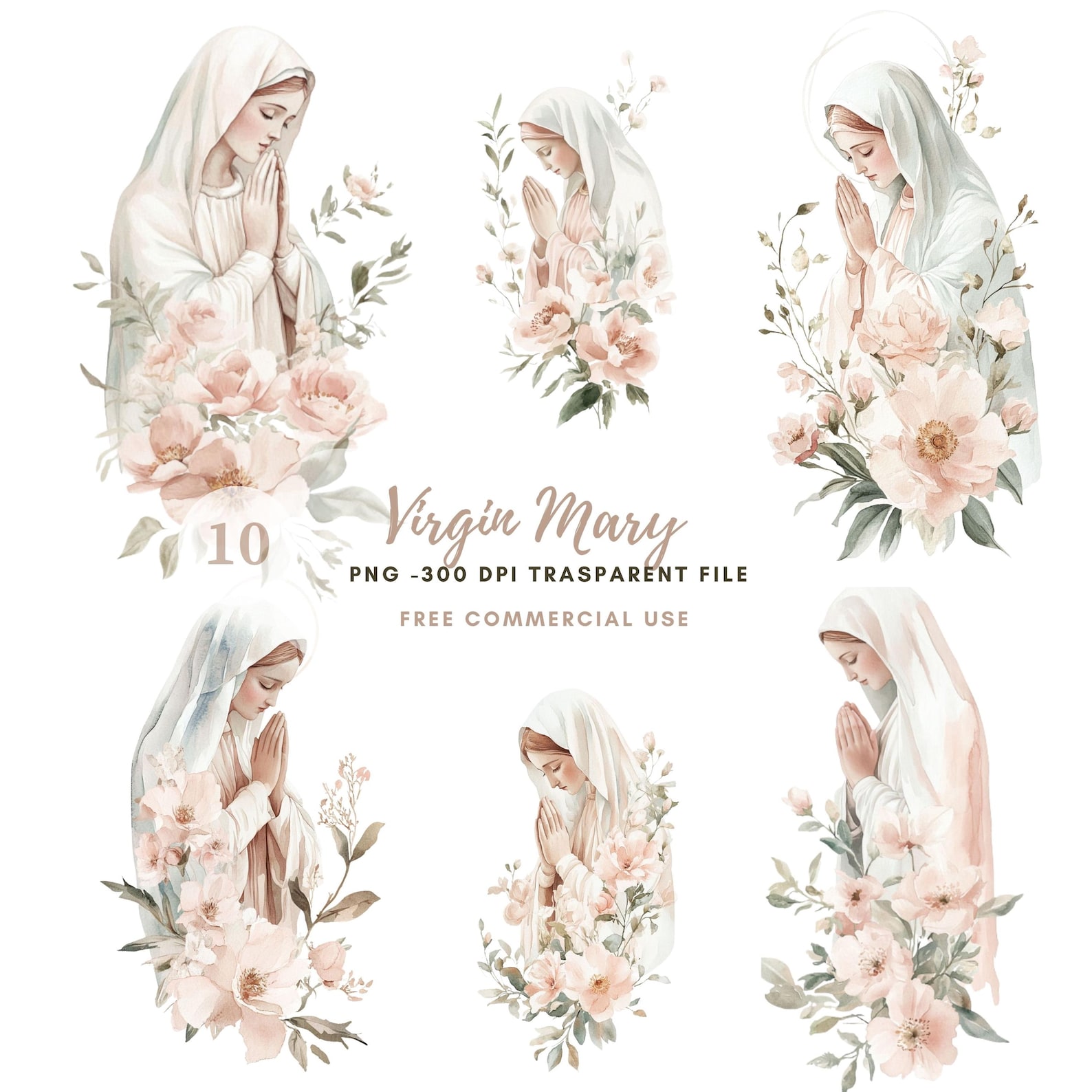Virgin Mary and Flower Clipart Bundle 11 High Quality Png|watercolor ...