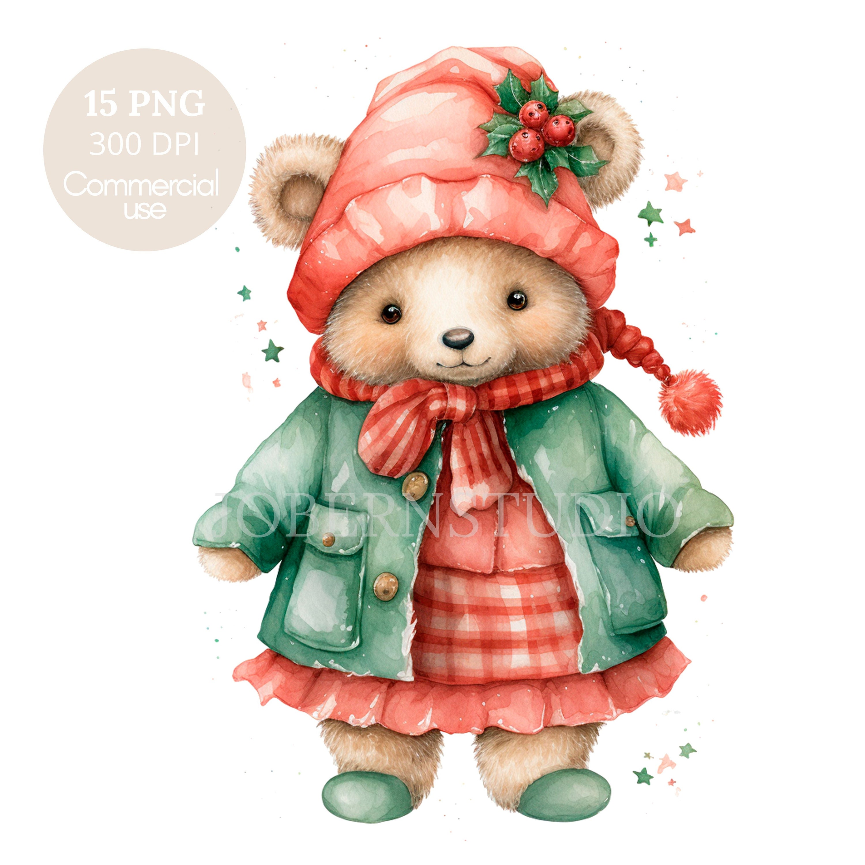Christmas Teddy Bear, Watercolor Clipart PNG,15 High Quality Jpgs ...